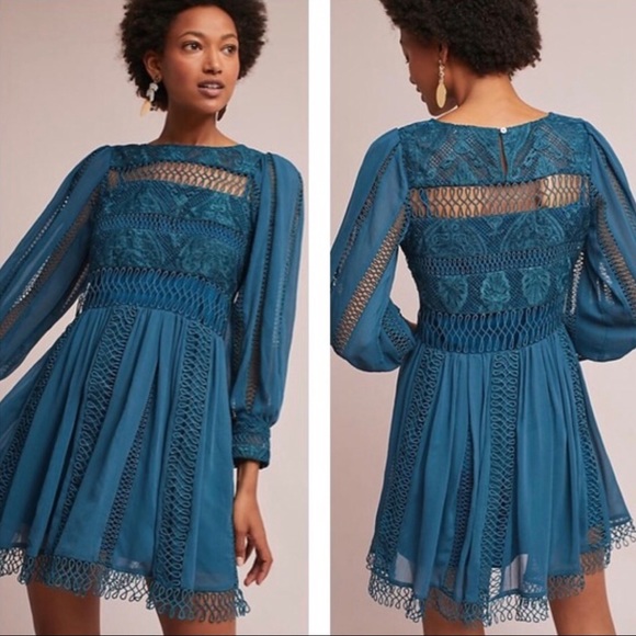 Anthropologie | Swim | Eri Ari Teal Chalene Lace Skater Sheer Embroidered Dress Long Sleeve ...